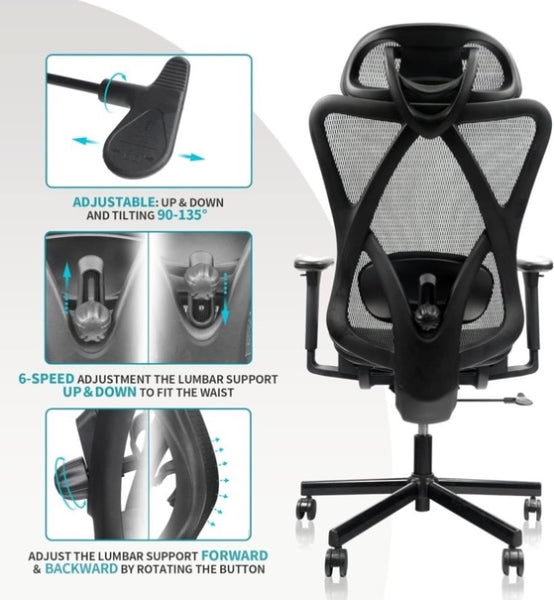 Mesh Office Chair, Ergonomic Office Chairs with Wheels, Adjustable Lum ...