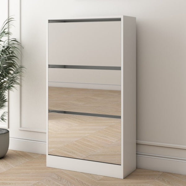 Narrow Shoe Storage Cabinet with Mirror, Wood Slim Shoe Rack 3 Tier Sh ...
