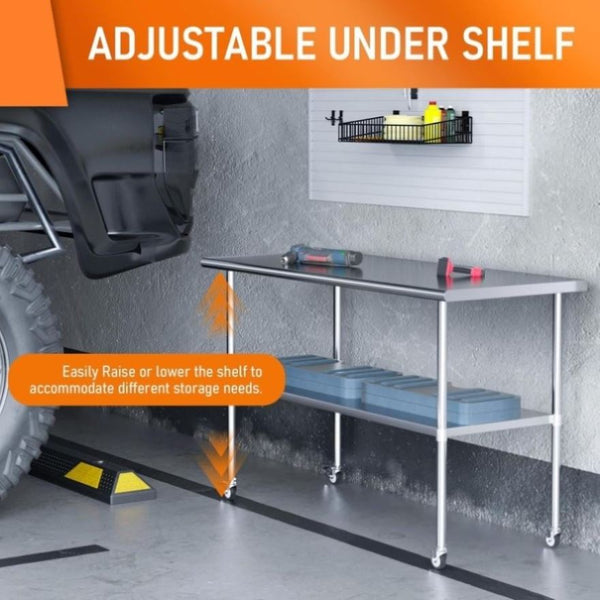 Stainless Steel 24 x 60 Inches Metal Prep with wheels Adjustable Under ...
