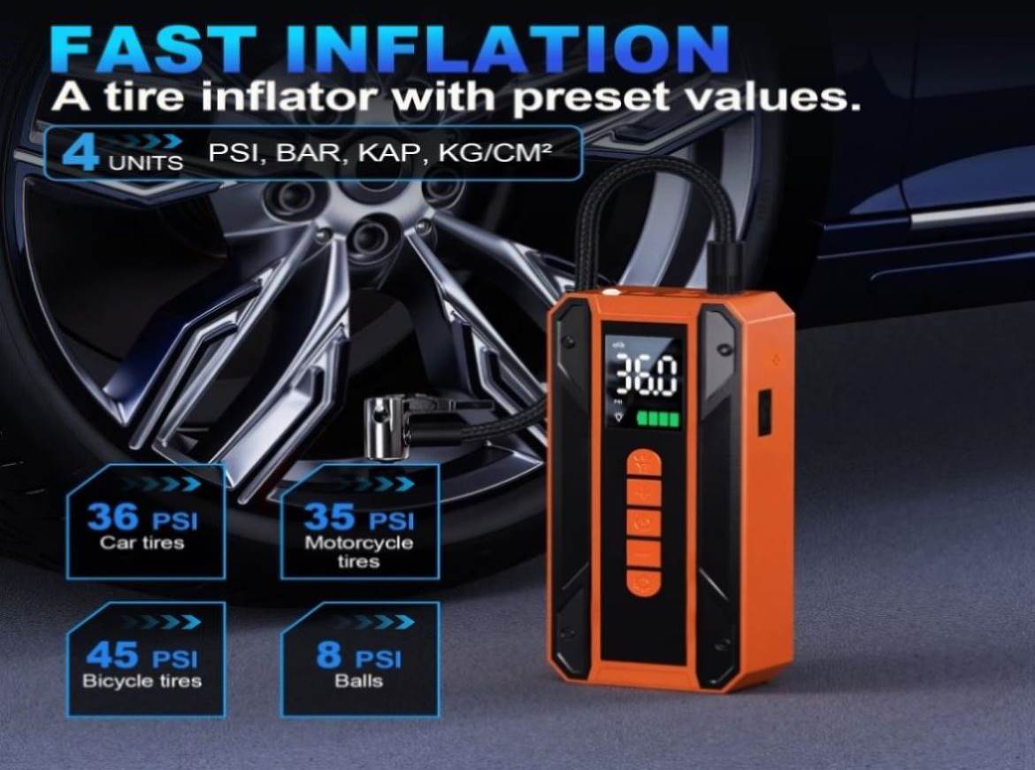 Car Jumper Starter Portable Battery Pack With 150PSI Tire Inflator, Ju ...