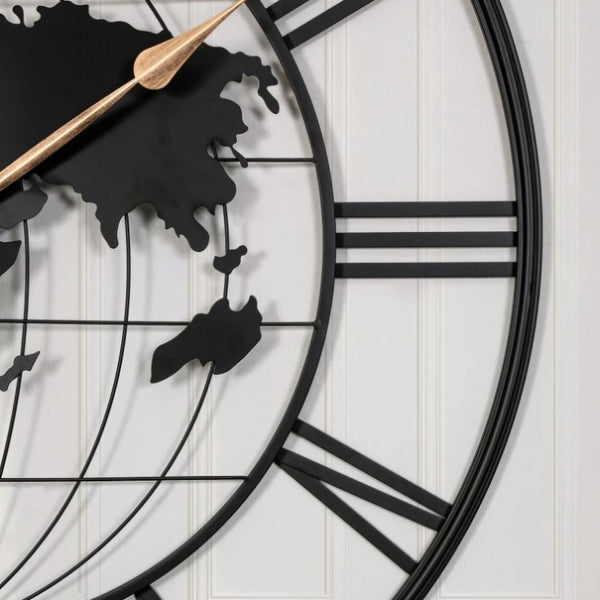 36 Inch Large Black Metal Wall Clock, Modern Silent World Map Wall Clo ...