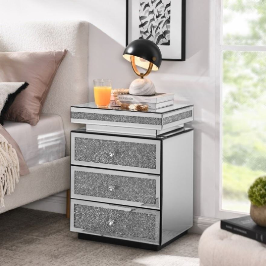 Mirrored Nightstand with 3 Drawers, Silver Nightstand with Crystal Inl ...
