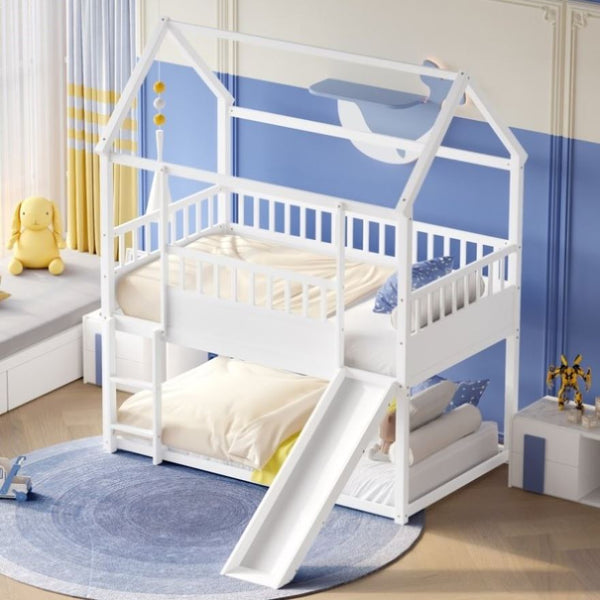 House Bunk Bed with Convertible Slide and Ladder, Floor Bunk Bed Twin ...