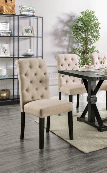 Classic Ivory Set of 2 Side Chairs Button Tufted Linen Like Fabric Sol ...