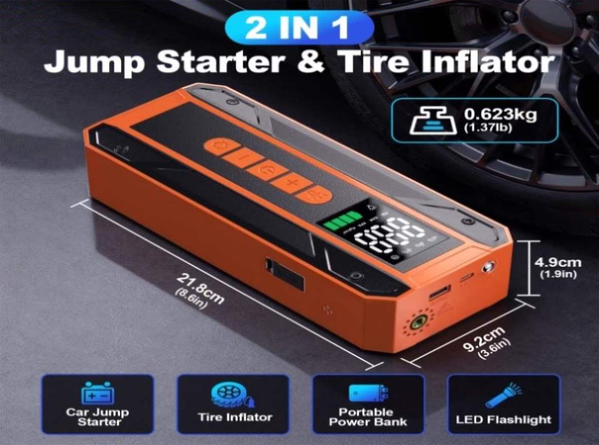 Car Jumper Starter Portable Battery Pack With 150PSI Tire Inflator, Ju ...