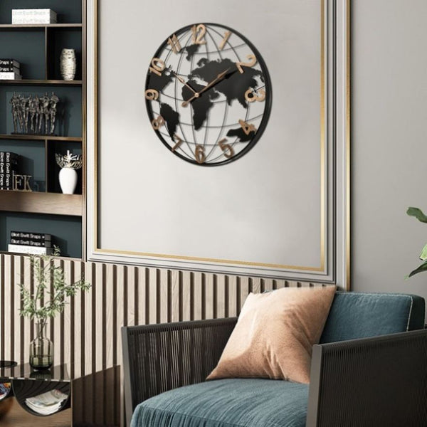 36 Inch Large Black Metal Wall Clock, Modern Silent World Map Wall Clo ...