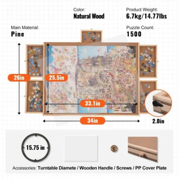 1500 Piece Rotating Wooden Jigsaw Board - 34x26 Inch, Rotating Table W ...